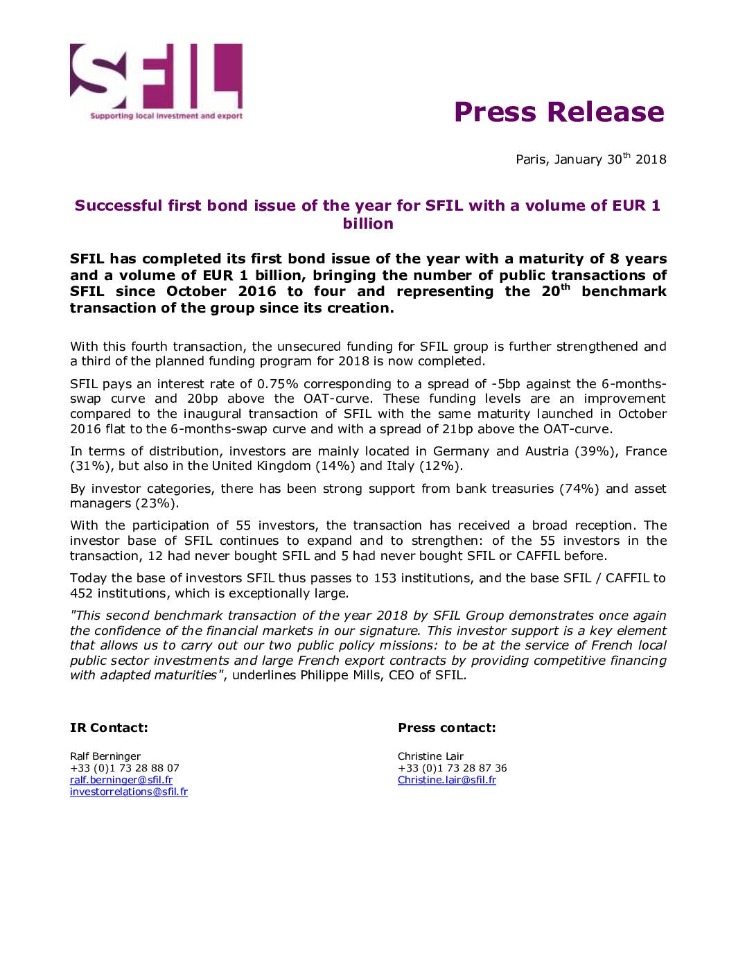 Successful first bond issue of the year for Sfil with a volume of EUR 1 ...