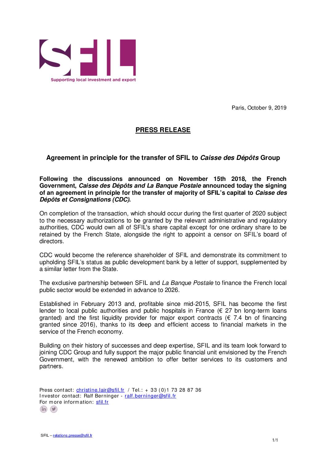 Agreement in principle for the transfer of Sfil to Caisse des Dépôts ...